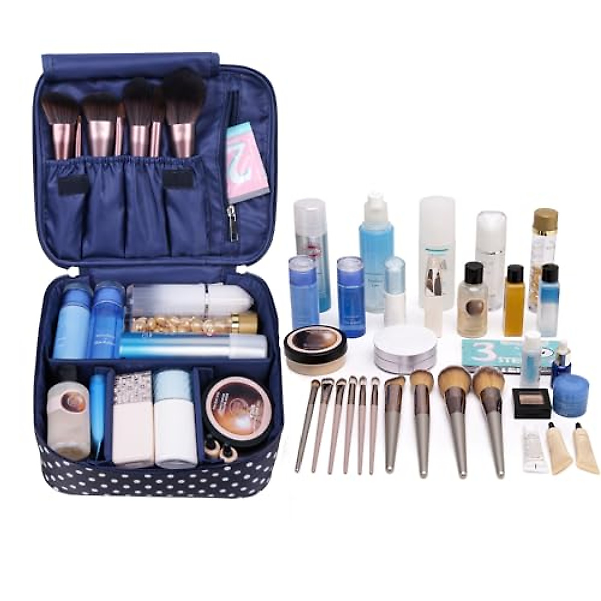 Narwey Travel Makeup Bag with Brush Compartments，Portable Cosmetic Bag，Make up Bag Makeup Organizer Case with Brush Storage for Women(Blue Polka Dot)