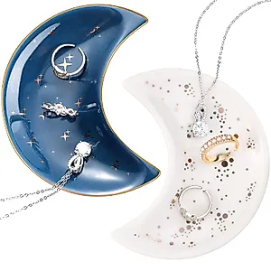 Patelai 2 Pieces Moon Trinket Tray Jewelry Dish Tray Jewelry Plate Trinket Dish Trinket Tray Ring Ceramics Jewelry Dish Gifts for Rings, Earrings, Bracelets, Necklaces, Crystals Stones