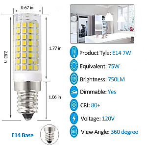 SZHZS E14 Dimmable LED Bulb Cooker Hood Range Hood Light Bulbs, E14 Base 7W Equivalent to 75 Watt Bulbs Daylight White 6000K AC110V-120V for Chandeliers, Ceiling Fan, Pendant Light