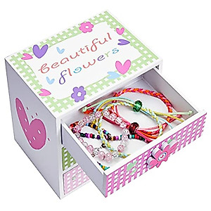 Small Floral Little Girls Jewelry Box with 3 Drawers and Flower Knobs, Square Wooden Organizer for Necklaces, Earrings, Rings, Kids Ages 4-13 Hair Accessory Storage (6 x 4.5 In)