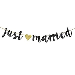 Black Glitter Just Married Banner - Just Married Sign - Wedding Banner - Bridal Shower / Bachelorette Party Decoration Supplies