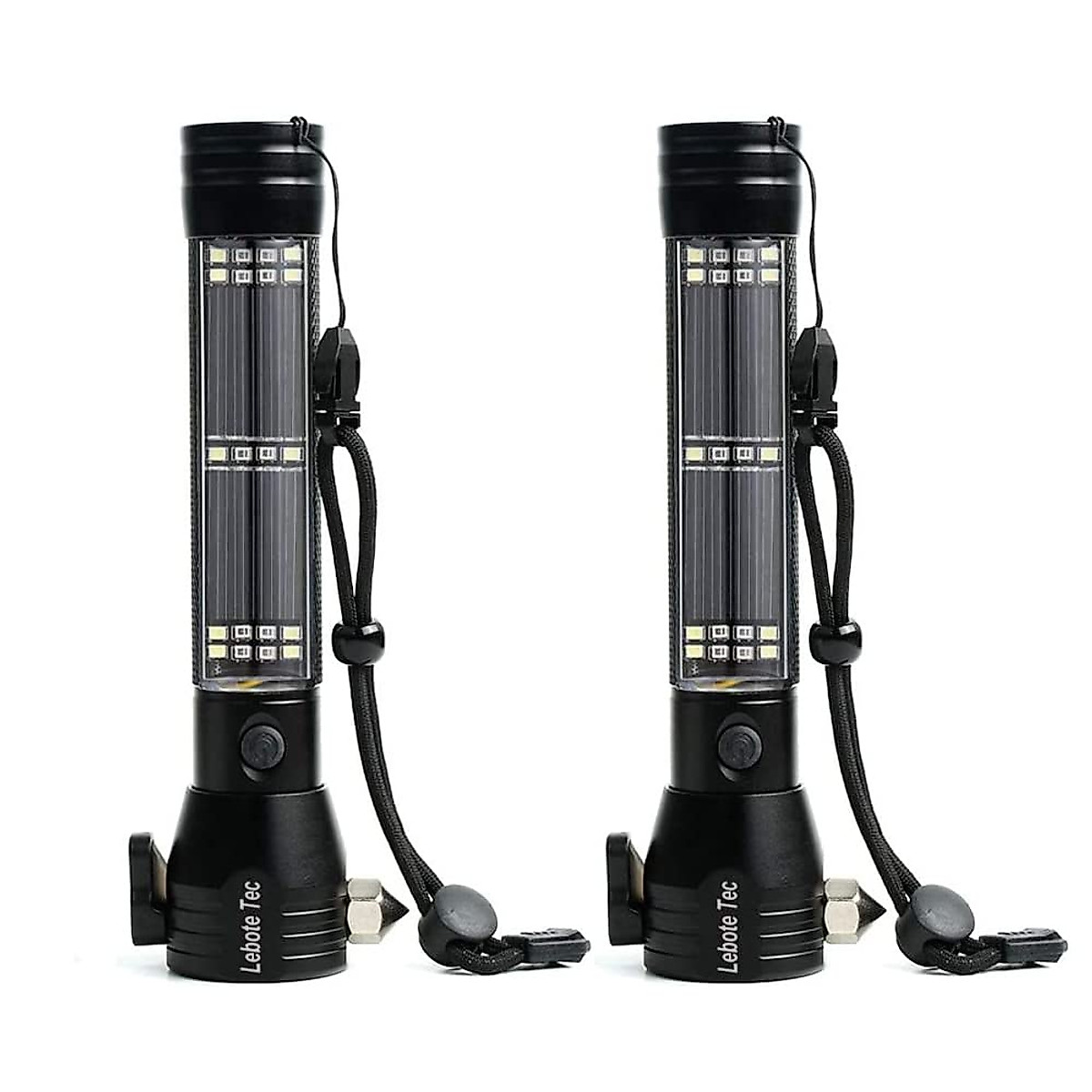 Lebote Car Flashlight Solar Power Tactical Flashlight Multi Function Flashlight Bright LED Emergency Torch Light with Safety Hammer Seat Belt Cutter Compass for Hiking Camping(2 PCS)