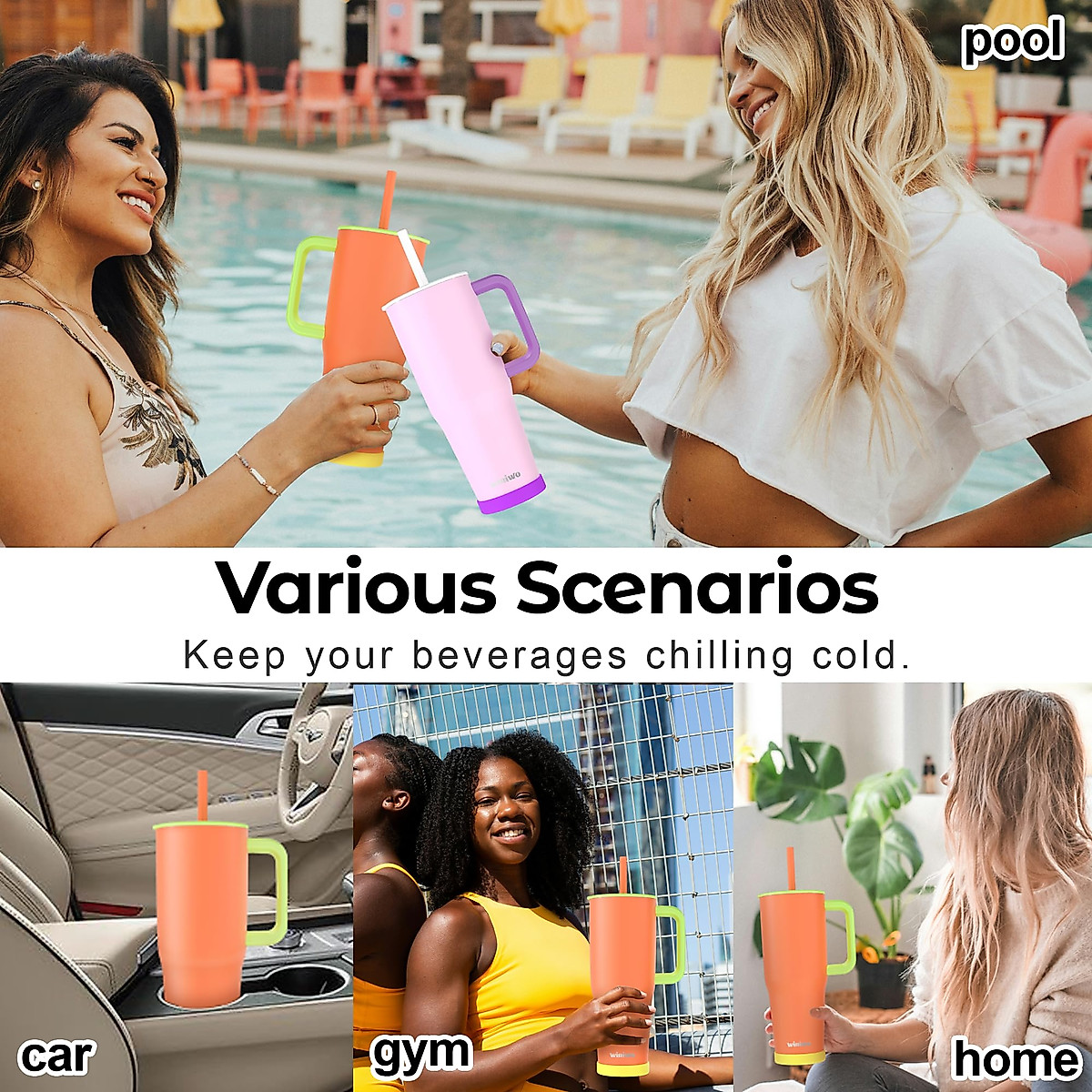 winiwo 40 oz Tumbler with Handle and Straw for Her, Flexible Straw, Insulated Tumbler Cups with Silicone Bottom, Keeps Beverages Cold Up to 24 Hours, Gym/Work/Travel/School/Gift（Lemon Yellow）