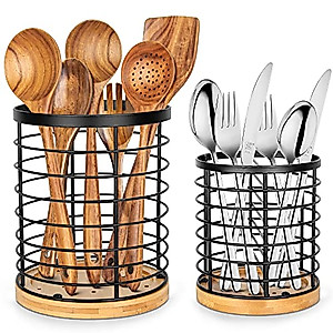 Toosci 2 Pcs Kitchen Utensil Holder - Stainless Steel and Bamboo Utensil Holder for Kitchen Counter, Large Spoon Spatula Holder for Kitchen Organizer（XL+L