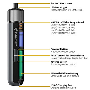 PARRIOR High-Torque Max 8 N.m with 4 Torque Control Electric Cordless Screwdriver Rechargeable 2200 mAh Large Battery Automatic Power Screwdriver with LED Work Light and USB-C Cable 3.6V/260 RPM