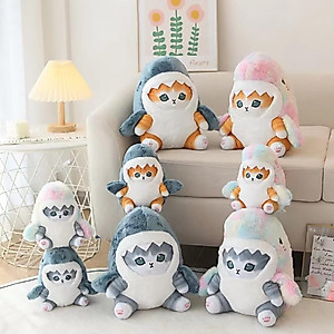 DSWUJHI 8'' Cute Shark Cat Plush Toy Fried Shrimp Cat Stuffed Animal Plushies Doll,Soft Stuffed Shark Kitten Pillow Christmas Birthday Gifts for Kids Boys Girls (Grey Blue+Dazzling Gold)