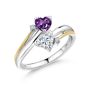 925 Silver and 10K Yellow Gold Purple Amethyst White Moissanite and White Lab Grown Diamond 2 Heart Promise Couple Engagement Mother Ring (0.94 Cttw, Birthstone, Available In Size 5, 6, 7, 8, 9)