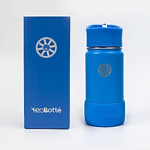H2OBotté Kids Water Bottle for School - 14oz (Straw Lid), Reusable Leak-proof Insulated Stainless Steel Reusable water bottle for Girls, Boys (Sapphire Blue)
