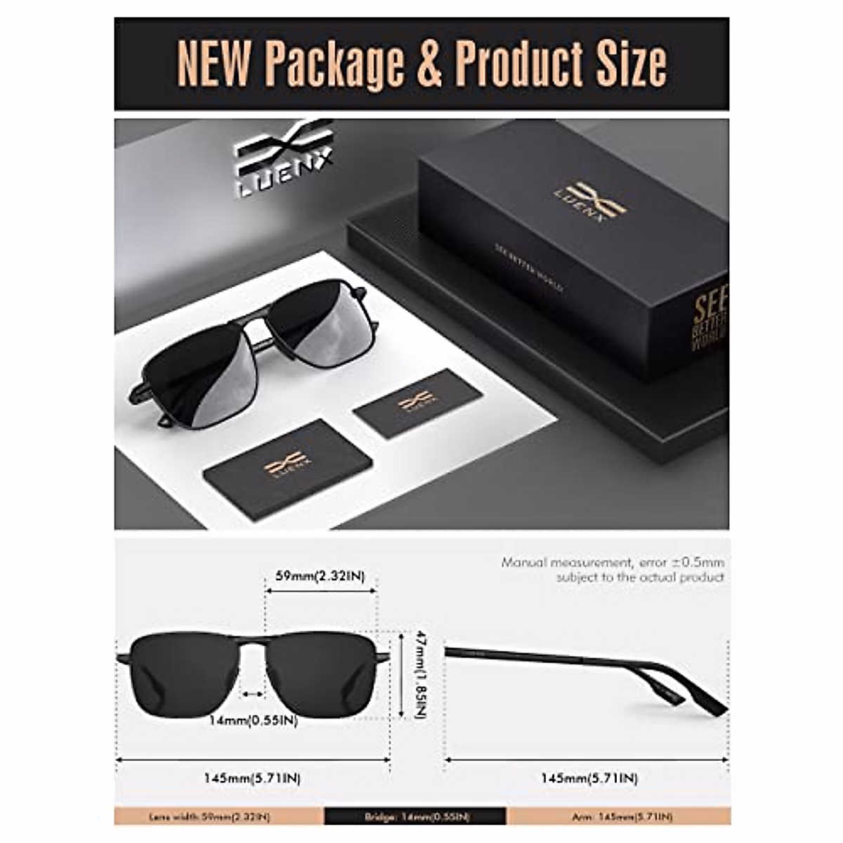 LUENX Men Rectangular Polarized Sunglasses Square Retro Shades - Black Lens Black Frame 59mm