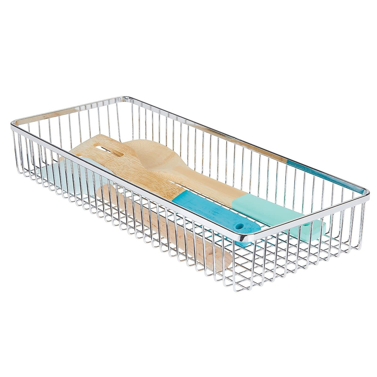 mDesign Metal Farmhouse Kitchen Cabinet Drawer Organizer Basket Tray, Shallow Storage Bin for Cutlery, Serving Spoons, Cooking Utensils, Appliances, Gadgets, Unity Collection, 15" Long, 2 Pack, Chrome