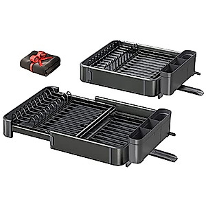 Dish Drying Rack, Aluminium Rustproof Expandable (14.9''-22.3'') Kitchen Counter Dish Rack with Drainboard, Dish Drainer with Drying Mat Utensil Holder Sink Caddy, Black