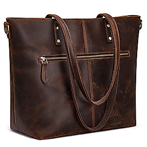 S-ZONE Genuine Leather Tote Bag for Women Vintage Shoulder Purse Work Handbag with Front Pockets