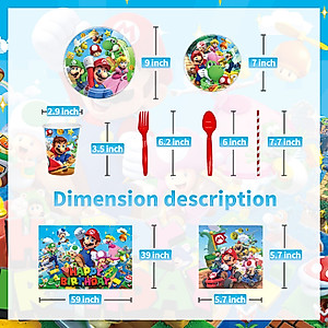 Mario Birthday Party Supplies, 116PCS Mario Party Decorations Include Banners, Backdrop, Plates, Tablecloth, Cup, Forks, Spoons, Cake Topper, straw (10 Guests)