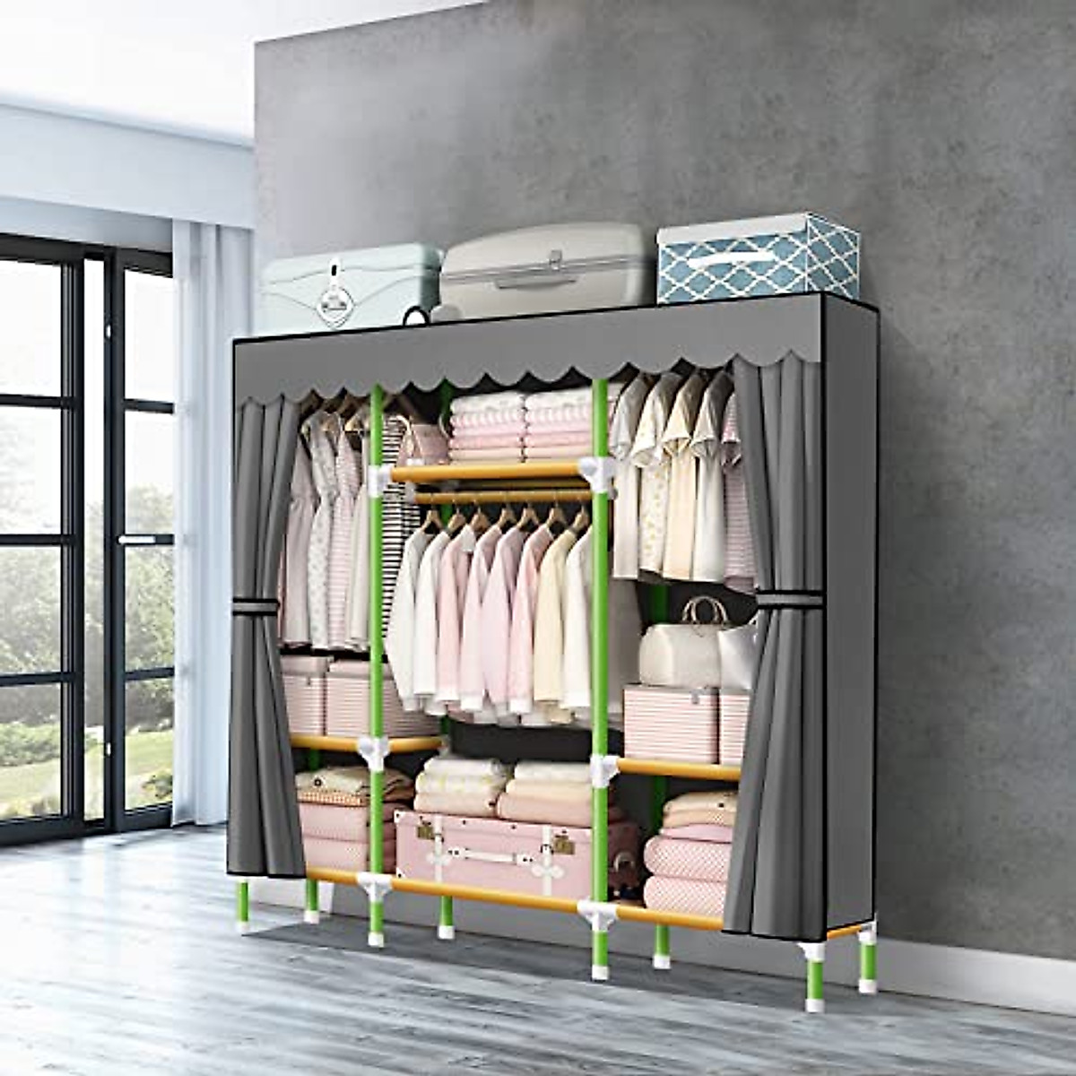 YOUUD Portable Closet 57 Inch Wardrobe Closet Clothes Organizer with 3 Storage Shelves and 3 Hanging Rods, Cloth Closet of Colored Rods Grey Cover Quick and Easy to Assemble,Strong and Durable