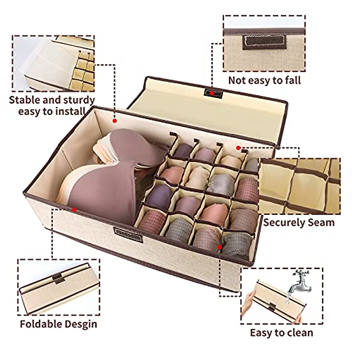 COSIFO 2PC Sock Bra Organizer Divider with Lid, 17 Cells Fabric Divider Underwear Drawer Organizer, Foldable Closet Storage Boxes Case for Socks, Bras, Ties, Towels, Scarves, Beige