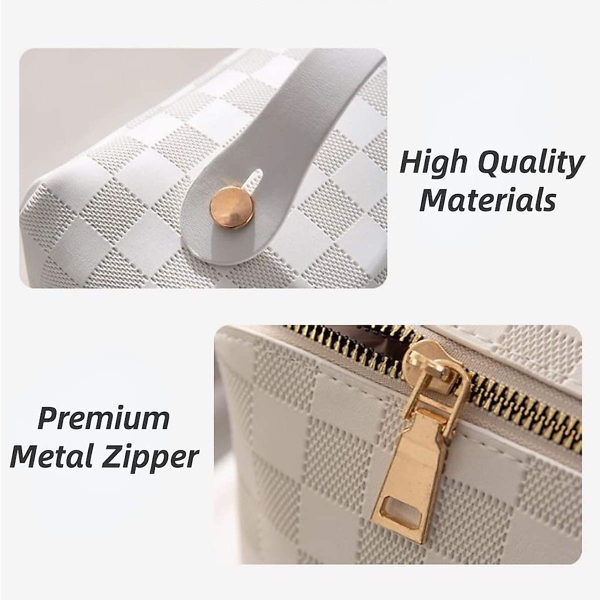 BIVIZKU Large Capacity Brown Checkered Makeup Bags Portable Travel Cosmetic Bags Open-Flat Toiletry Bag for Women Girls Make Up Organizer with Divider Pouch Zipper Bag (white-checkered)