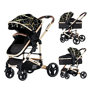 Blahoo Baby Stroller for Newborn, 2 in1 High Landscape Stroller, Foldable Aluminum Alloy Pushchair with Adjustable Backrest. Bassinet Stroller Gray