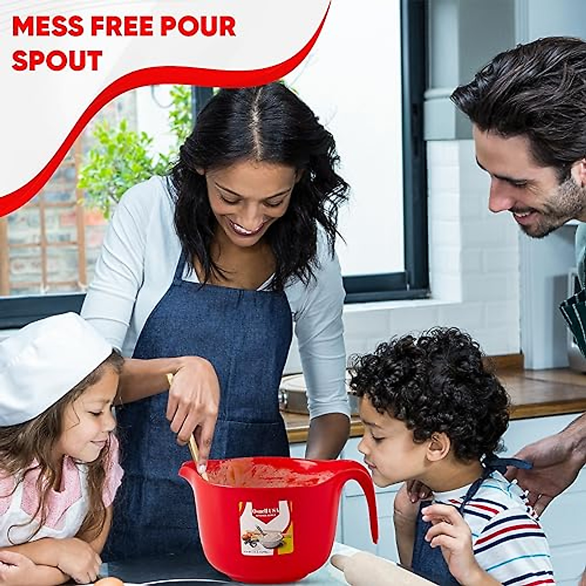 Large Mixing Bowls with Handles, 2 Pcs Microwave Safe 3.6 qt - Plastic Nesting Bowls for Kitchen, Batter Bowls, Easy to Clean, White & Red