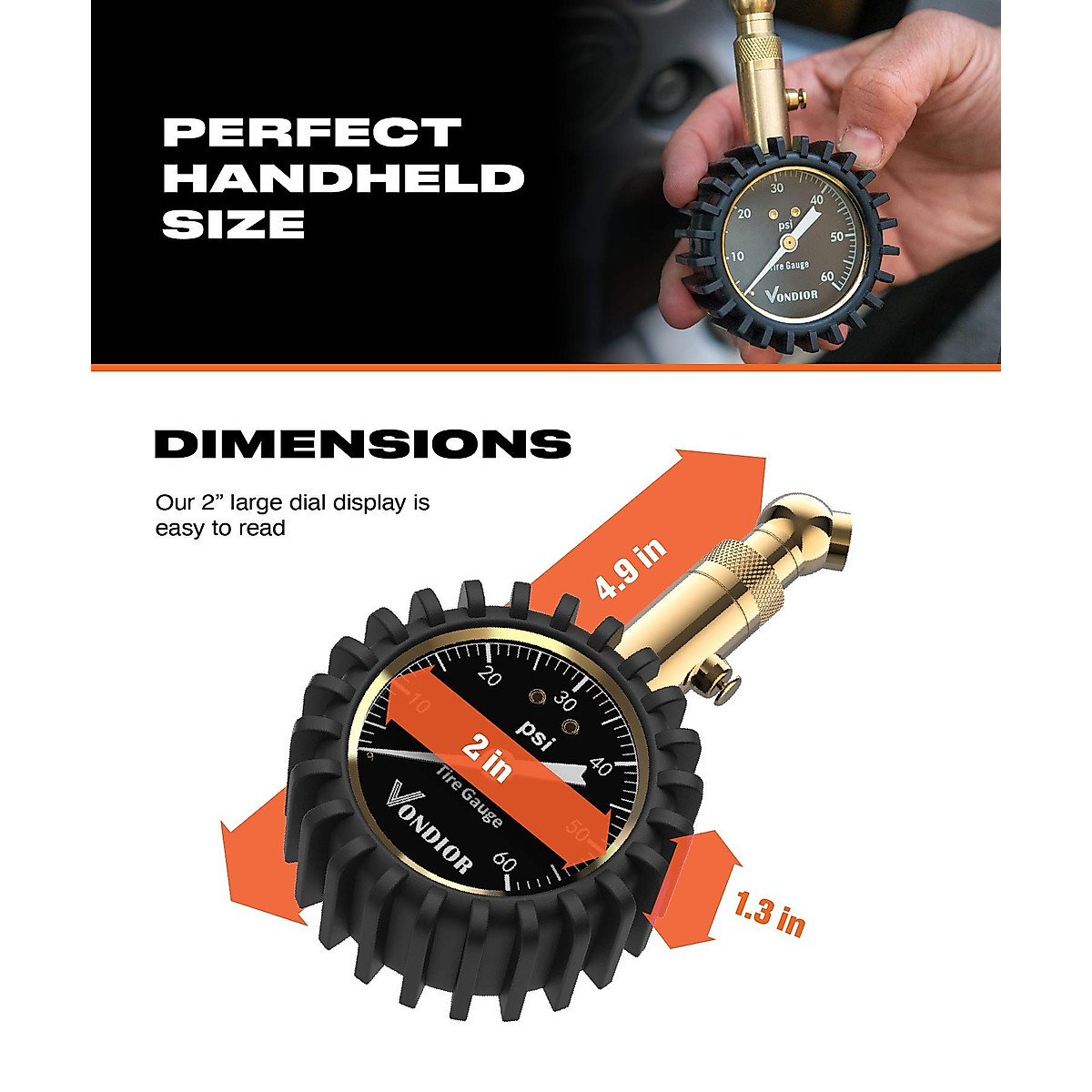 Tire Pressure Gauge - (0-60 PSI) Heavy Duty, Certified ANSI Accurate with Large 2 Inch Easy to Read Glow Dial, Low - High Air Pressure Gauge. Tire Gauge for Car and Trucks Tires by Vondior