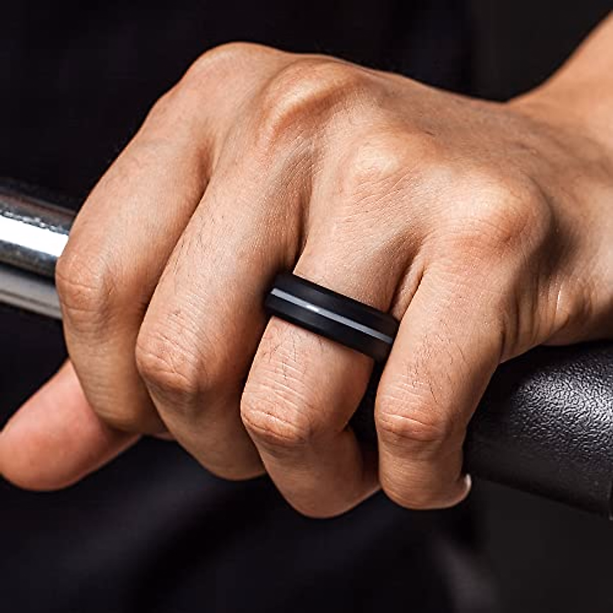 ThunderFit Silicone Wedding Rings for Men, Brushed Top Middle Engraved Line Rubber Engagement Bands 8.2mm Wide 2.5mm Thick - 1/4/6/7 Variety Multipack (Pack W - Size 9.5-10 (19.80mm))