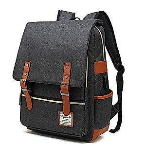 Mancio Vintage Laptop Backpack with USB Charging Port, Slim Tear Resistant Business Backpack for Travelling, College, Casual Daypacks for Men,Women, Fits up to 15.6Inch Notebook in Black