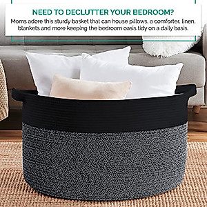 Organizix XXXXL Large Round Cotton Rope Storage Basket Bin Organizer Laundry Hamper with Handles, 21 x 21 x 14, Extra Large Blanket Woven Toy Basket, Black/Black