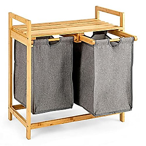 Bamboo Laundry Hamper with Dual Compartments Laundry Sorter and Sliding Bagswith Removable Sliding Bags & Shelf – Wooden Bamboo Laundry Organizer Cabinet for Bathroom (HOOYA1297)