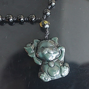 Natural rainbow Obsidian crystal Fortune lucky cat Necklace Amulet pendant bead with adjustable bead chain for Women or Men