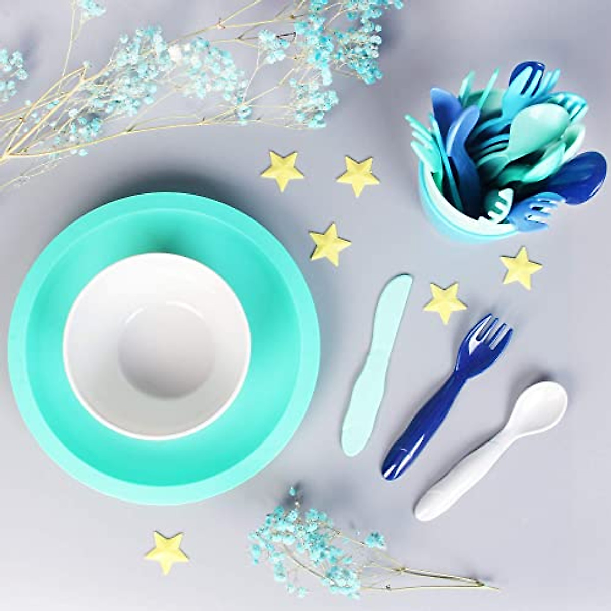 Youngever 54 pcs Plastic Kids Dinnerware Set of 9 in 9 Coastal Colors, Toddler Dining Set, Cups, Kids Plates, Kids Bowls, Flatware Set, Kids Dishes Set