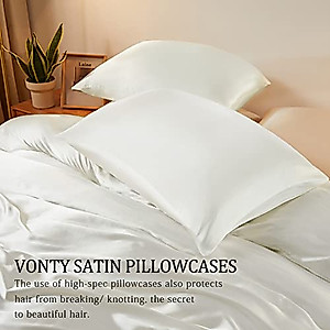Vonty 3-Piece Silky Satin Duvet Cover Set Full/Queen Size Duvet Cover, Organic Natural 400TC Ivory White Duvet Cover Set - Luxury & Sexy Bedding Duvet Covers with Zipper Closure(No Comforter)
