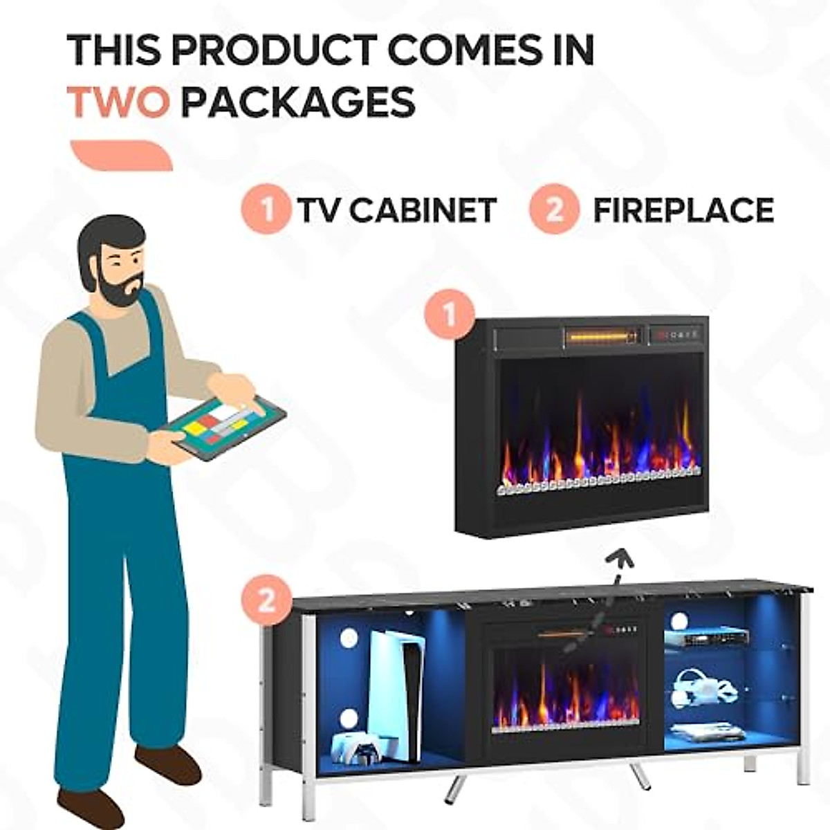 Bestier Fireplace TV Stand for 70/75 inch TV, Gaming LED Entertainment Center with 23 inch Electric Fireplace for PS5, Modern TV Console with Adjustable Glass Shelves for Living Bedroom Black Marble