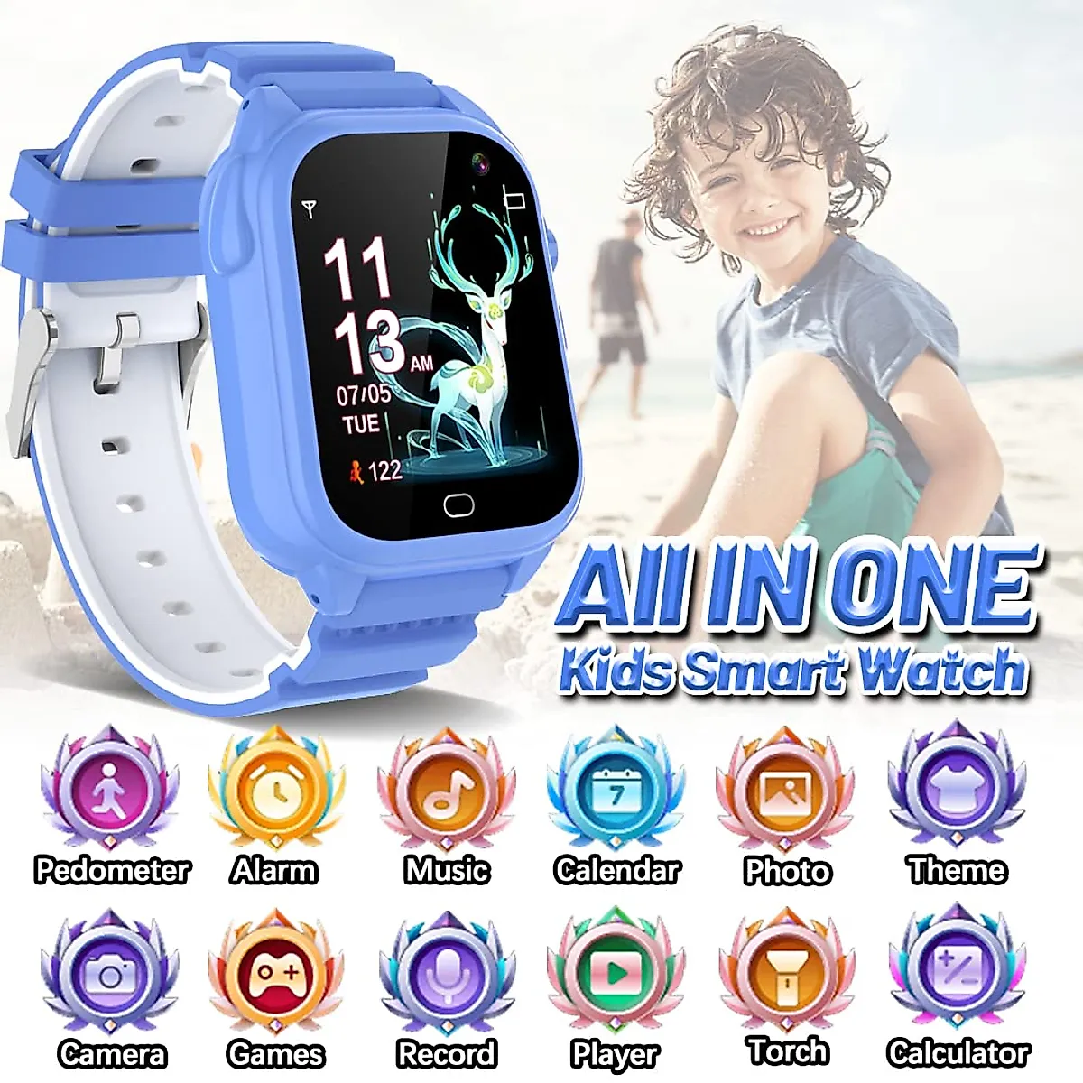 Kids Waterproof Smart Watch Girls Boys with 26 Puzzle Game 1.44" HD Touchscreen Pedometer Video Music Player Alarm Clock Flashlight Parental Control Child Learning Toys for Age 3-12