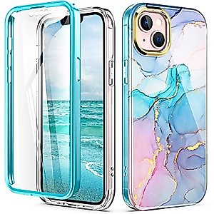 Turquiase Compatible for iPhone 14 Plus Case 6.7 inch (2022 Release), Slim Full-Body Stylish Shockproof Protective Rugged TPU Case with Built-in Screen Protector（Marble）