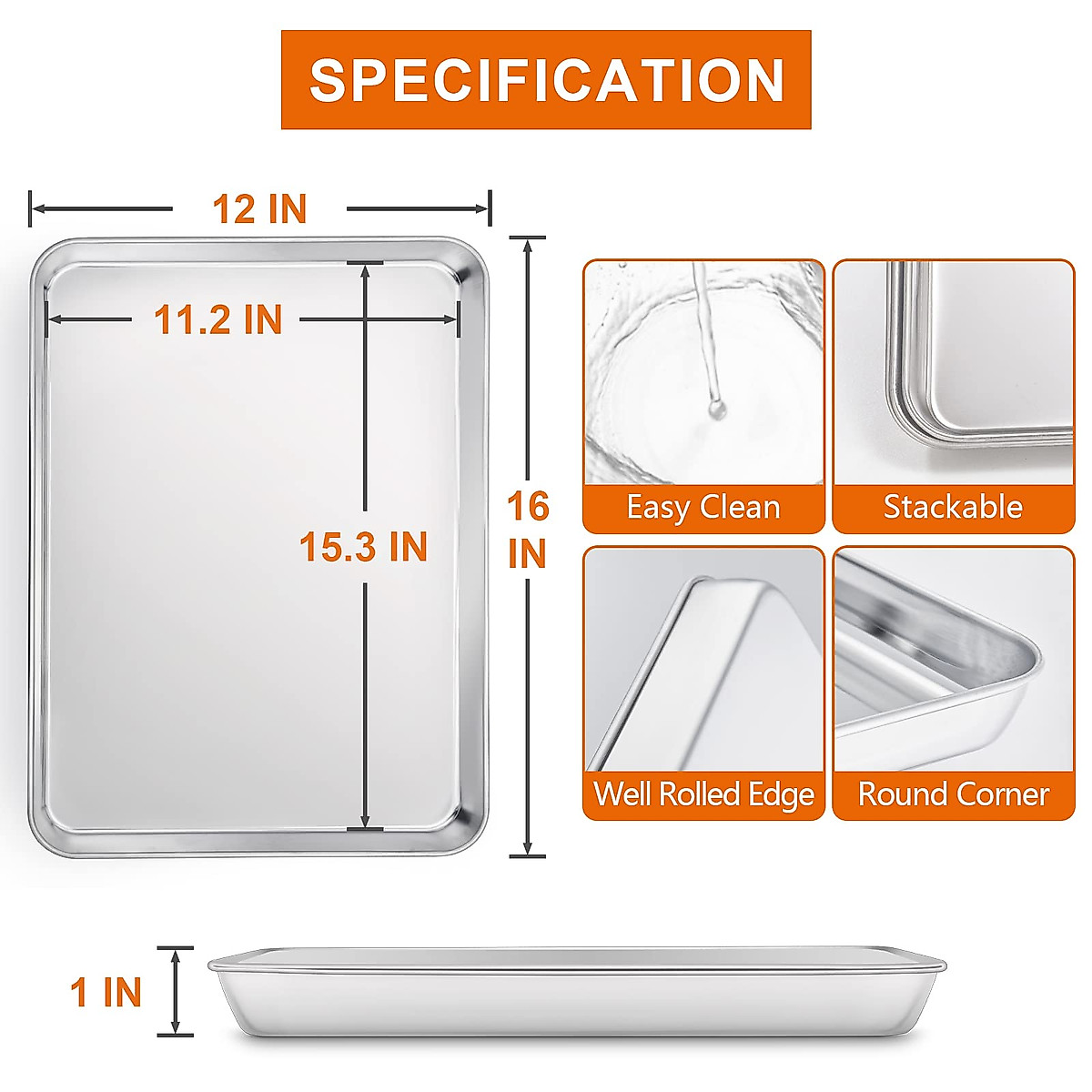 E-far Baking Cookie Sheet Set of 2, 16”x12” Stainless Steel Baking Sheet Pan with 50 Parchment Paper, Rectangle Baking Tray for Cooking Roasting, Rust Free & Heavy Duty, Oven & Dishwasher Safe