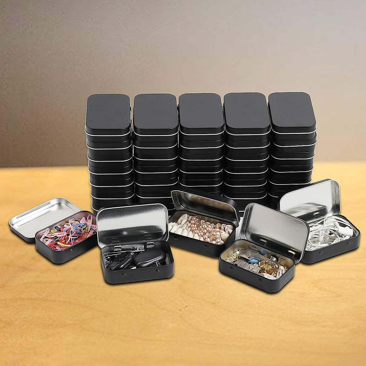 Tamicy Metal Rectangular Empty Hinged Tins - Pack of 80 （Silver 40+Black 40 Mini Portable Box Containers Small Storage Kit & Home Organizer small tins with lids craft containers 3-1/2''X2-1/2''X4/5''