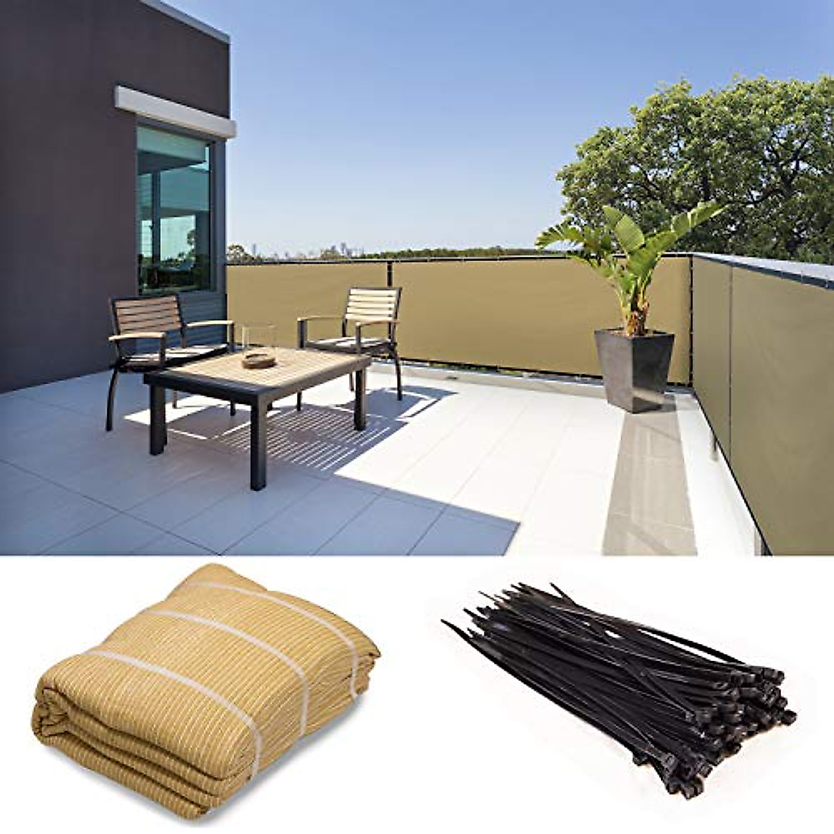 ShadeMart 3' x 14' Beige Fence Privacy Screen Windscreen Shade Fabric Cloth HDPE, 90% Visibility Blockage, with Grommets, Heavy Duty Commercial Grade, Cable Zip Ties Included (We Customize Size)