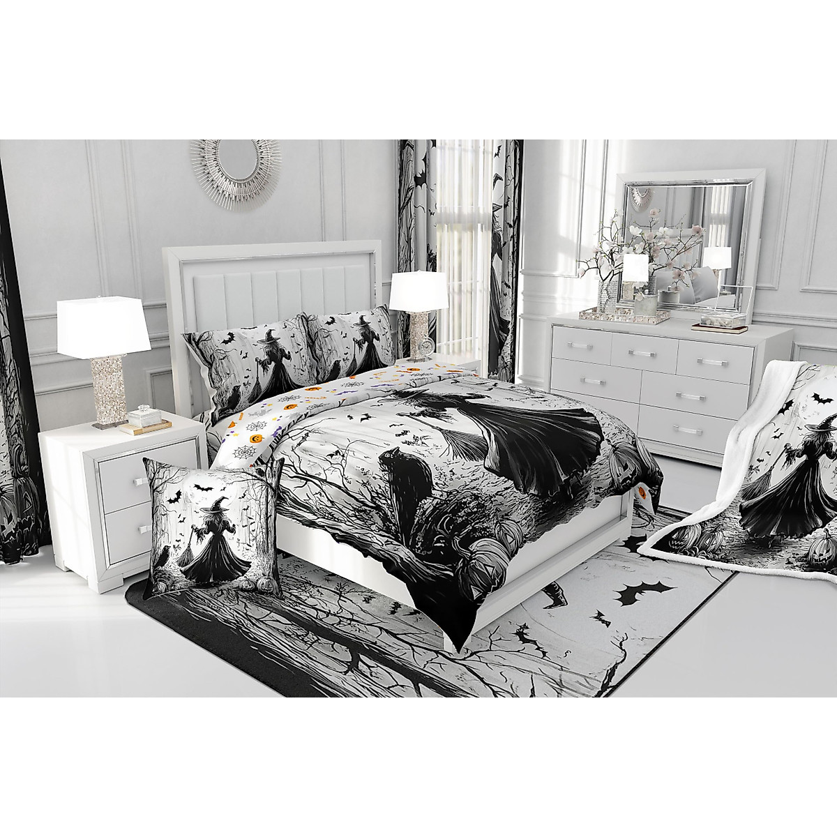 Erosebridal Twin Witch Comforter Cover, Happy Halloween Duvet Cover for Kids Boys Teens Adult Room, Pumpkin Lantern Bedding Set Bat Raven Gothic Spooky Bed Set with 1 Pillow Case, Grey White