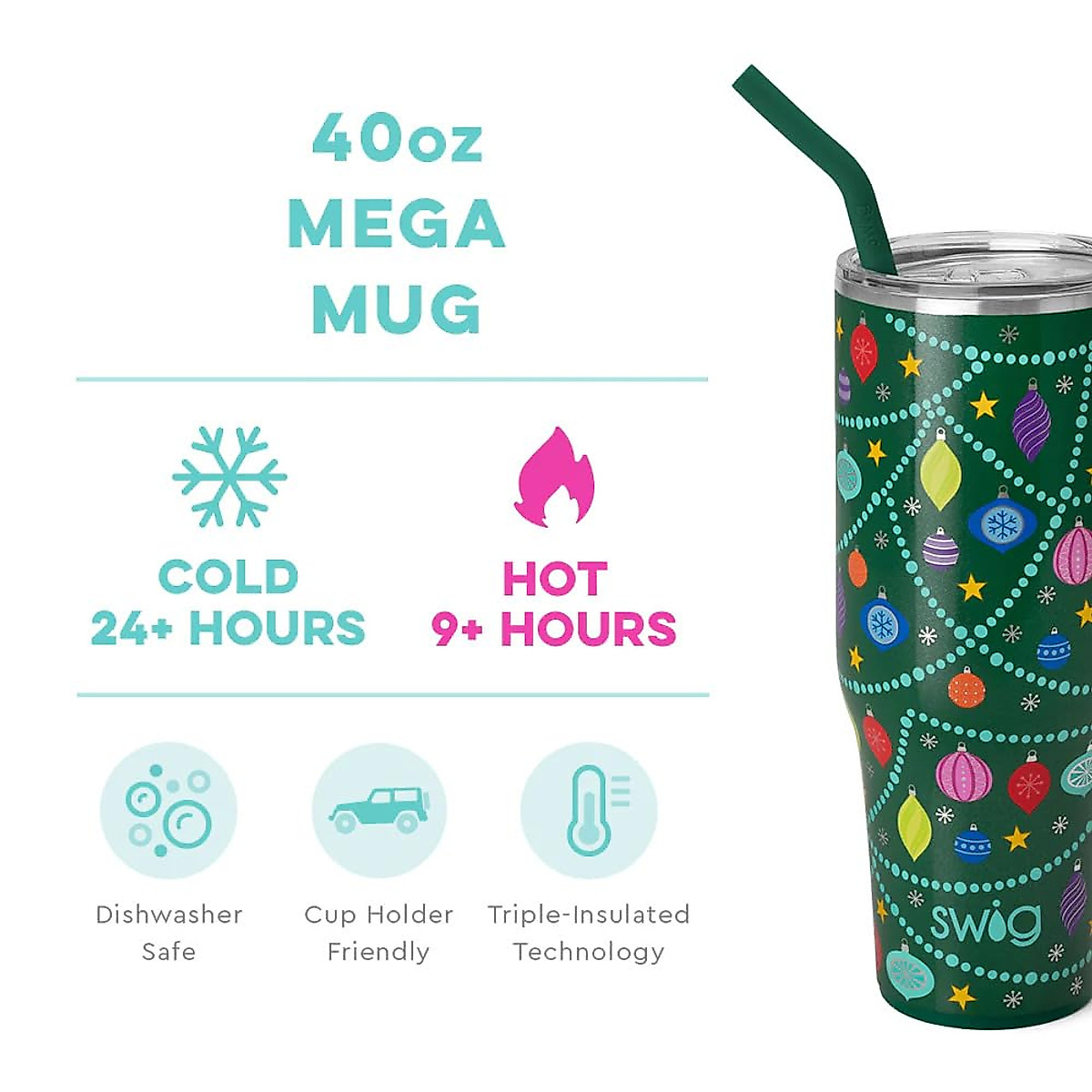 Swig Life 40oz Mega Mug, 40 oz Tumbler with Handle and Straw, Cup Holder Friendly, Dishwasher Safe, Extra Large Insulated Tumbler, Stainless Steel (O Christmas Tree)