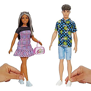 Barbie Ken Fashions 2-Pack Clothing Set, 1 Outfit & Accessory for Barbie Doll: Plaid Dress & Purse, 1 Outfit & Accessory for Ken Doll: Smiley Face Dress Shirt & Denim Shorts