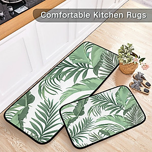 Palm Leaf Tropical Plant Kitchen Rugs and Mats 2 Pieces Anti Fatigue Kitchen Rug Set Non-Slip Bath Mat Entry Floor Carpet Entrance Door Mat Runner 20"x28"+20"x47"