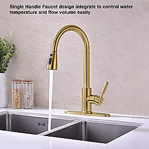 Fonveth Kitchen Faucet,Brushed Gold Kitchen Faucet with Pull Down Sprayer, Single Handle High Arc Pull Out Kitchen Sink Faucet, Single Hole Kitchen Faucet with Deck Plate，Upgrade Brushed Brass