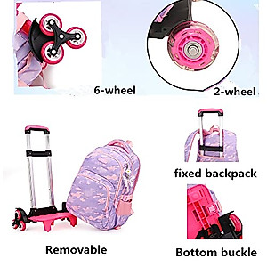 Stripe Rolling Trolley Bag Wheeled Backpack for Girls Primary Geometric Schoolbag Elementary Bookbag (Purple Pink)