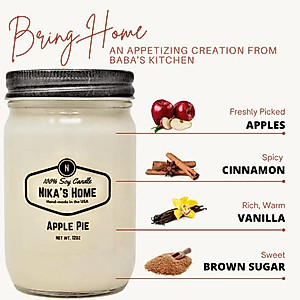 Nika's Home Apple Pie Soy Candle 12oz Mason Jar Non-Toxic White Soy Handmade, Long Burning 50-60 Hours Highly Scented All Natural, Clean Burning Large Candle Gift Décor