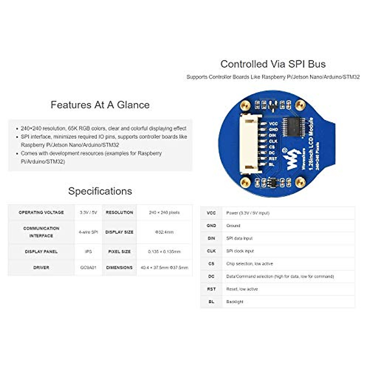 Waveshare 1.28inch Round LCD Display Module 65K RGB Colors 240×240 Resolution with SPI Interface Embedded GC9A01 Driver, Raspberry Pi 5/4B/3B/Zero/Zero W/Zero 2W/Pico/Pico W/Pico WH