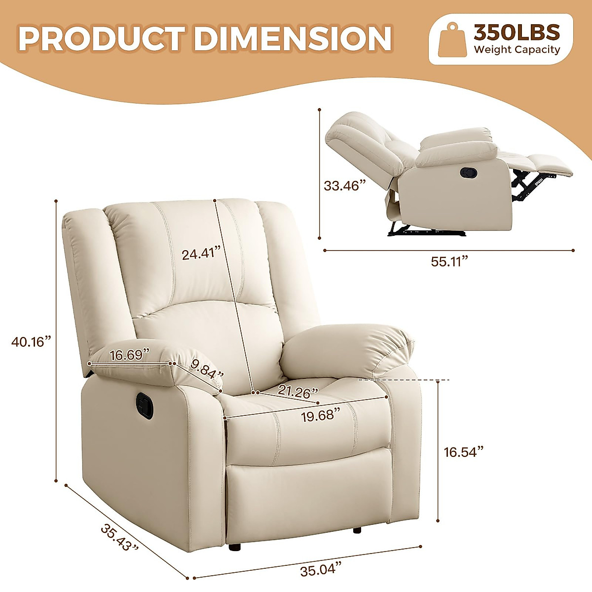 COOSLEEP Manual Recliner Chair, PU Leather Recliner Chair with Overstuffed Arm and Back, Soft Cushions, Recliner Chair for Adults, Single Sofa for Living Room(Beige)