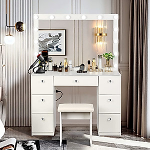 SMOOL Vanity with Lighted Mirror, Makeup Vanity Desk with Power Outlet and LED Bulbs, 3 Color Lighting Modes Adjustable Brightness, 7 Drawers Vanity Table with Cushioned Stool for Women Girls, 44'' L