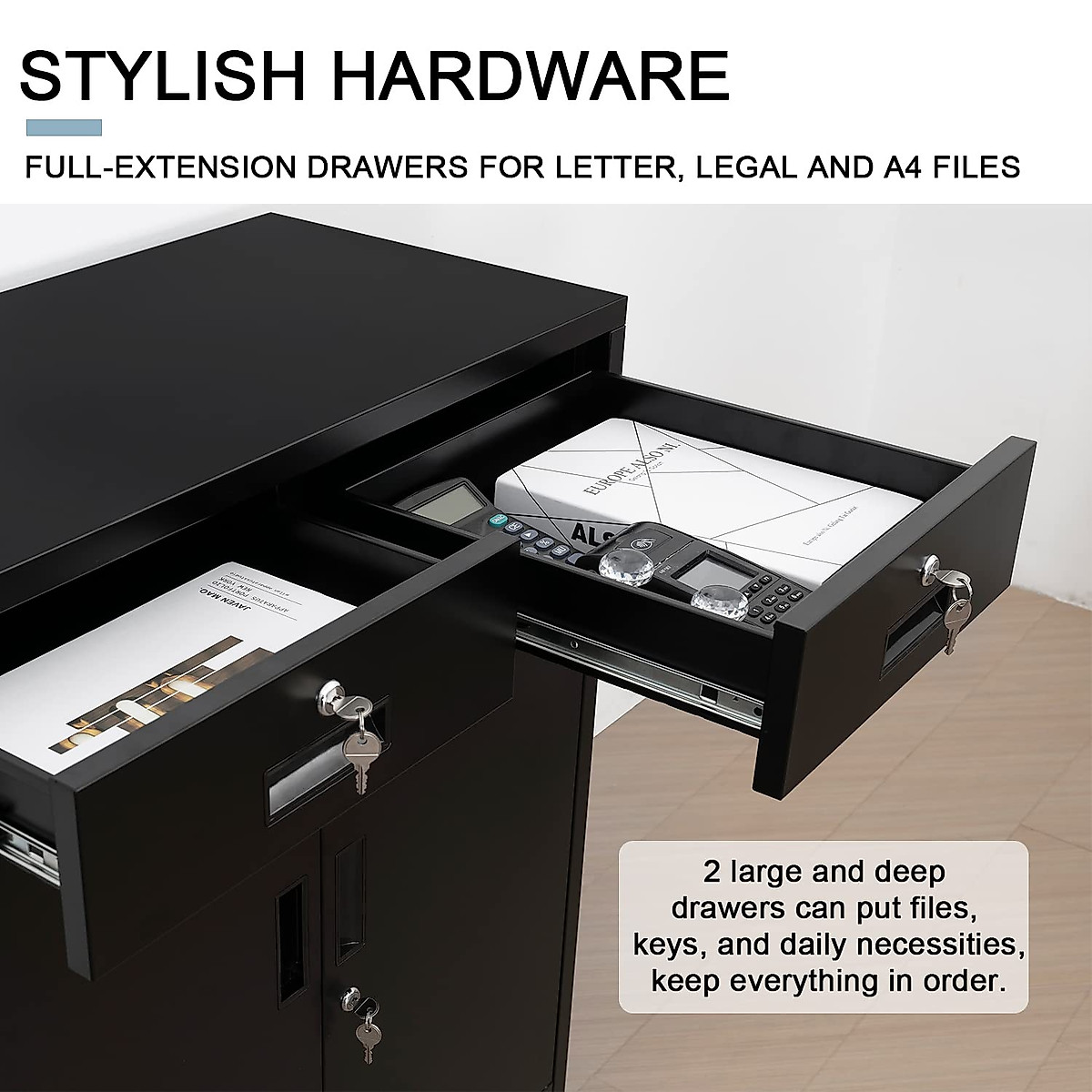 YEEZER Metal Storage Cabinet with 2 Drawers. Lockable Steel Storage Cabinet with Doors and Shelve, 37”H Office Cabinet for Home, Garage, Warehouse with Large Storage Space. (Black)