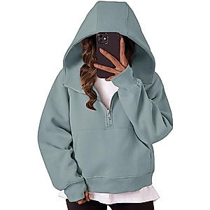 Trendy Queen Womens Hoodies Quarter Half Zip Pullover Oversized Sweatshirts Half With Pockets Fall Clothes GreyGreenM