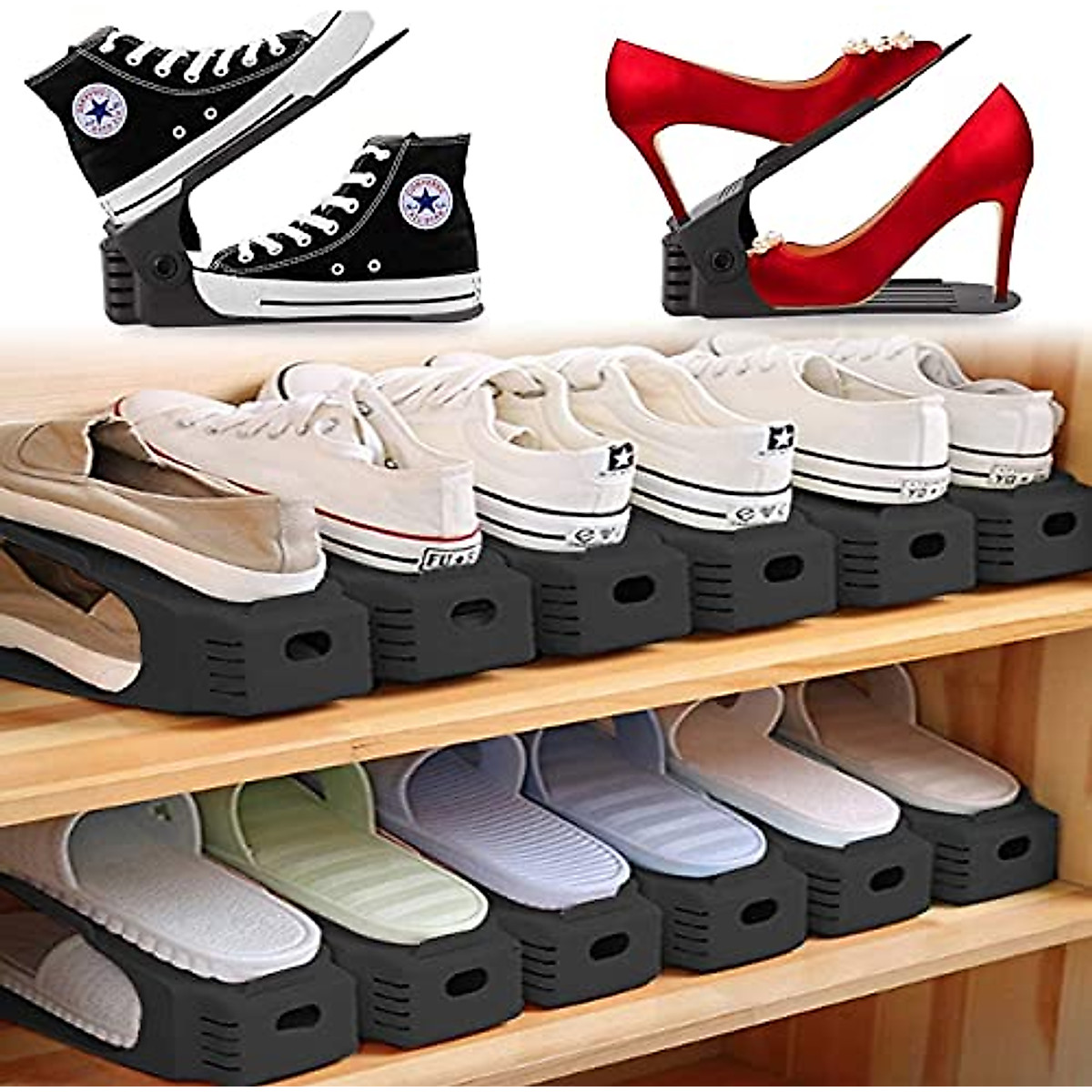 Set of 20 Adjustable Shoe Risers, Double Your Storage Space, 50% Space Saving Double Layer, Shoe Holder Rack Stacker Slots for Closet Shelf Organizer (Grey)