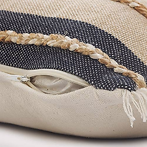 LR Home Atlantis Blue Lumbar Jute Braiding and Fringe Throw Pillow, 1 Count (Pack of 1), Denim/Tan/Taupe